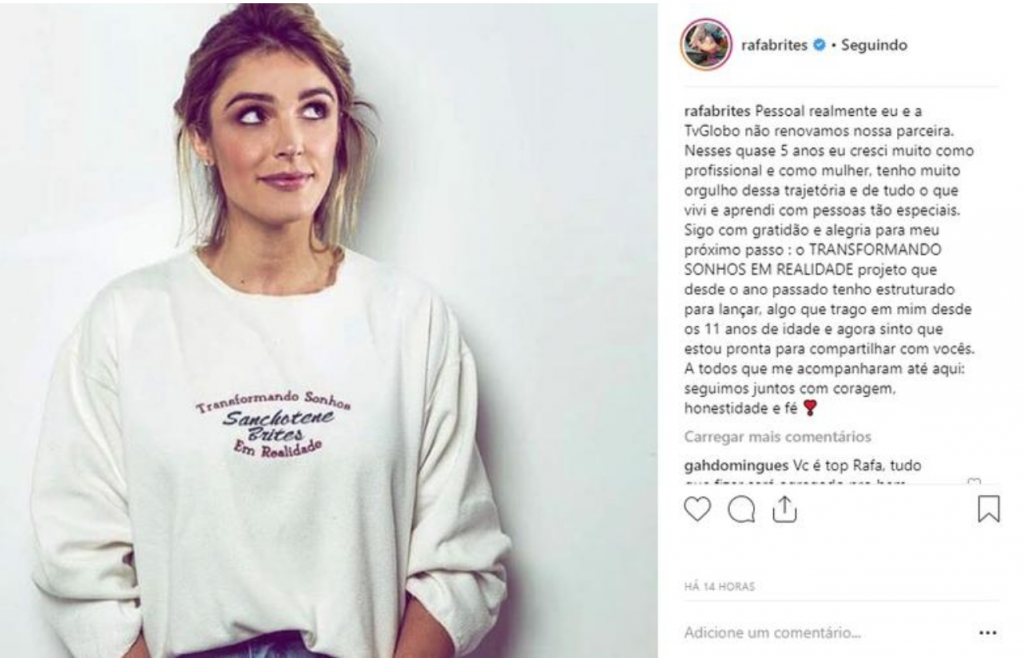 Repórter Rafa Brites também não renova contrato com a TV Globo